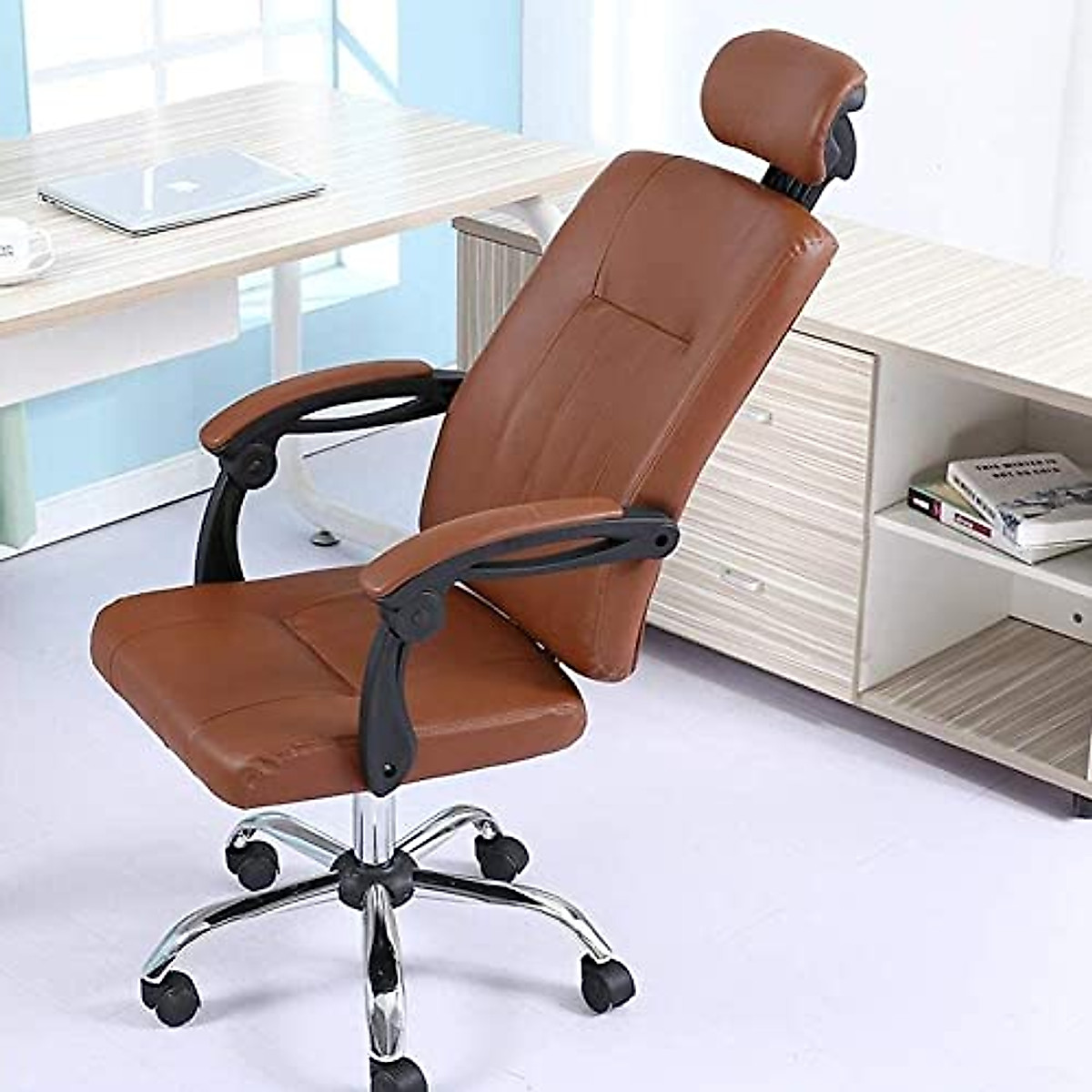 MayNuo Chair Ergonomic Chair Computer Swivel Chair Office Chair Pu Upholstered Seat Office Desk Chair Headrest Recliner Game Chair/Brown