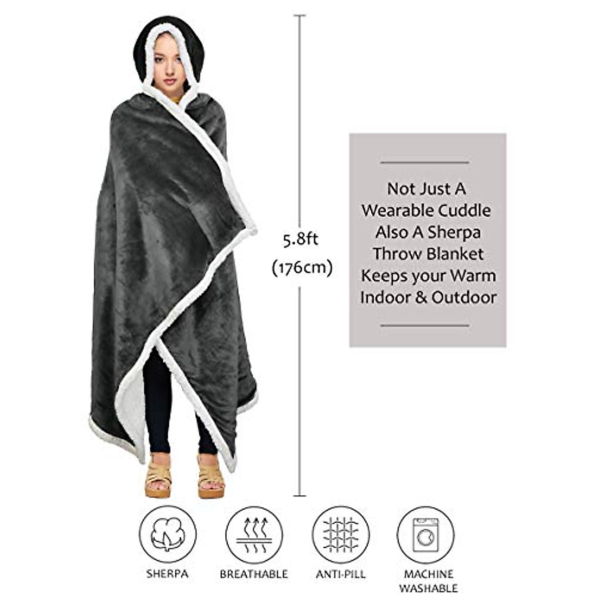 Tirrinia Sherpa Hooded Blanket Wearable Cuddle Throw Warm Cozy Sherpa Lining 47’x73’/ Sherpa Throw Blanket/