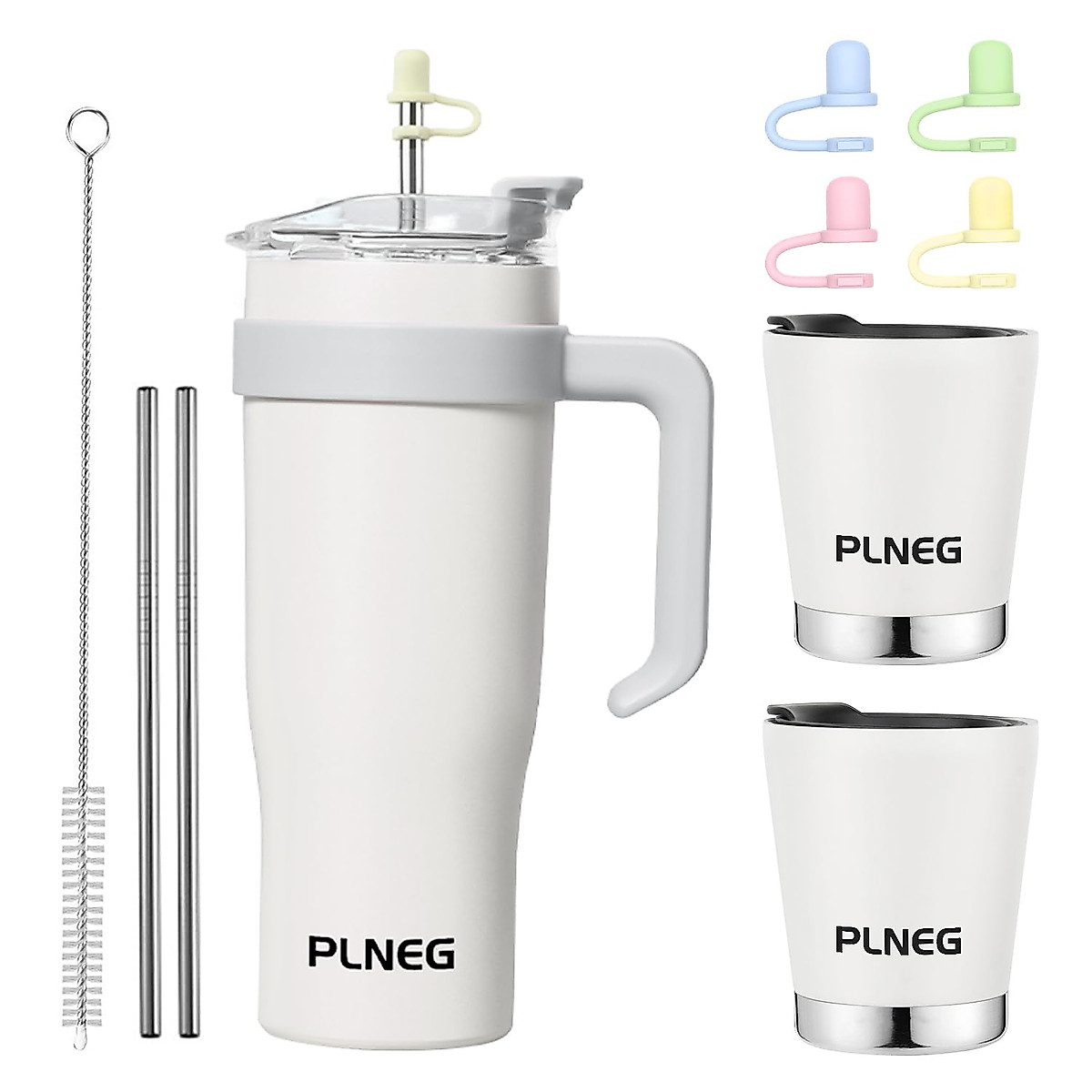 PLNEG Tumbler with Handle 40oz Insulated Water Bottle with Straw Lid Stainless Steel Travel Coffee Mug for Men Women gifts.（White,Set）