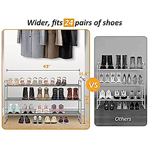 MISSLO Long 3 Tier Shoe Rack for Closet Shoe Organizer Storage Stackable Wide Shoe Shelf Holds 24 Pairs of Men Sneakers, Women Heels, Boots, Grey