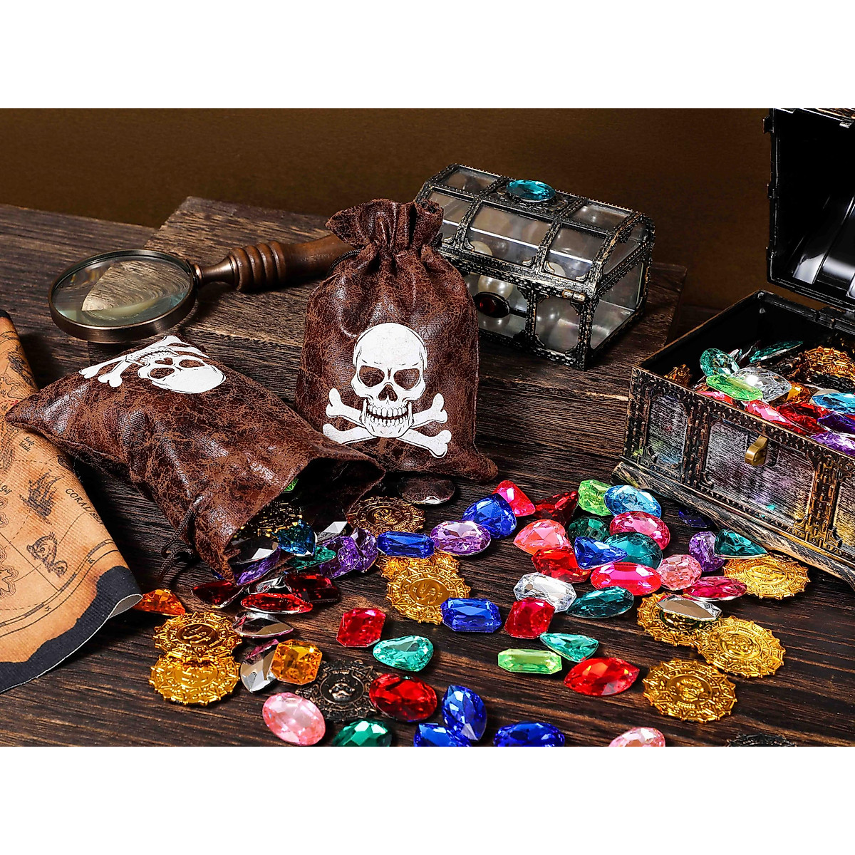 RICHNESS Pirate Loot Bags Goodie Bags with Drawstring 4.5 x 6.5 Inches Faux Cow Skin Pirate Treasure Bags for Pirate Party Favors Pack of 12