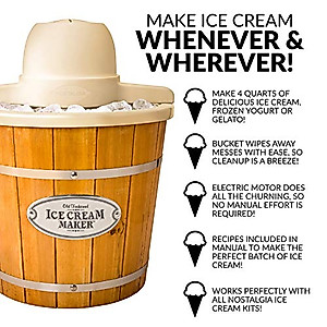 Nostalgia Electric Ice Cream Maker, Old Fashioned Bucket Style Ice Cream Machine Makes 4-Quarts of Ice Cream, Frozen Yogurt or Gelato in Minutes, Made from Real Wood, Brown