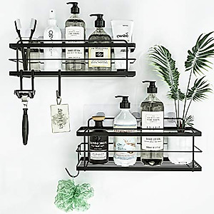 KINCMAX Shower Caddy Basket Shelf Pack of 2 - Adhesive Drill-Free Bathroom Organizer - Shower Storage Shelves for Inside Shower w/Hooks for Accessories (Matte Black)