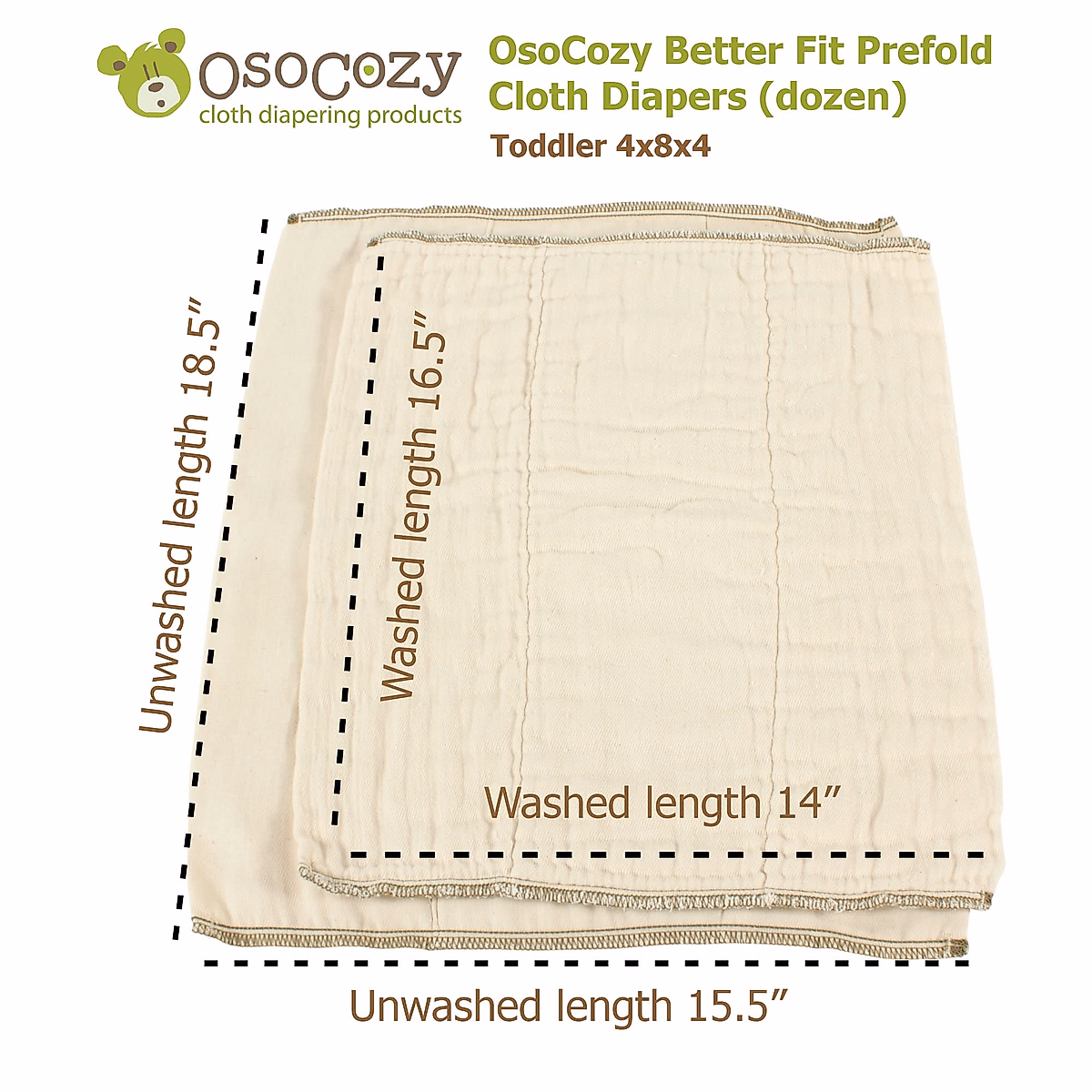 OsoCozy Better Fit Unbleached Prefold Cloth Diapers -100% Cotton, Gauze Weave, Sized for Tri Folding - Size 3 - (Toddler 4x8x4 Fits 25-45 lb.) - 1 Dozen
