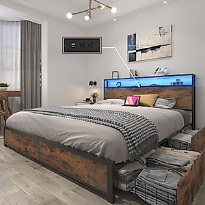 Lifezone Queen Bed Frame with 2-Tier Storage Headboard, Metal Platform Bed Frame with 4 Storage Drawers, Built in Charging Station & LED, Noise-Free/Metal Support/No Box Spring Needed, Vintage Brown