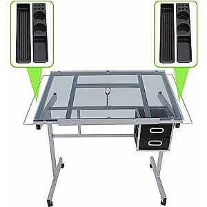 ZERVA Drafting Craft Desk Art Glass Desk with Storage Drawers | Durable Sturdy Ergonomic Heavy Duty Comfortable Adjustable Lightweight | for Home Office, School, Home, with 4 Casters