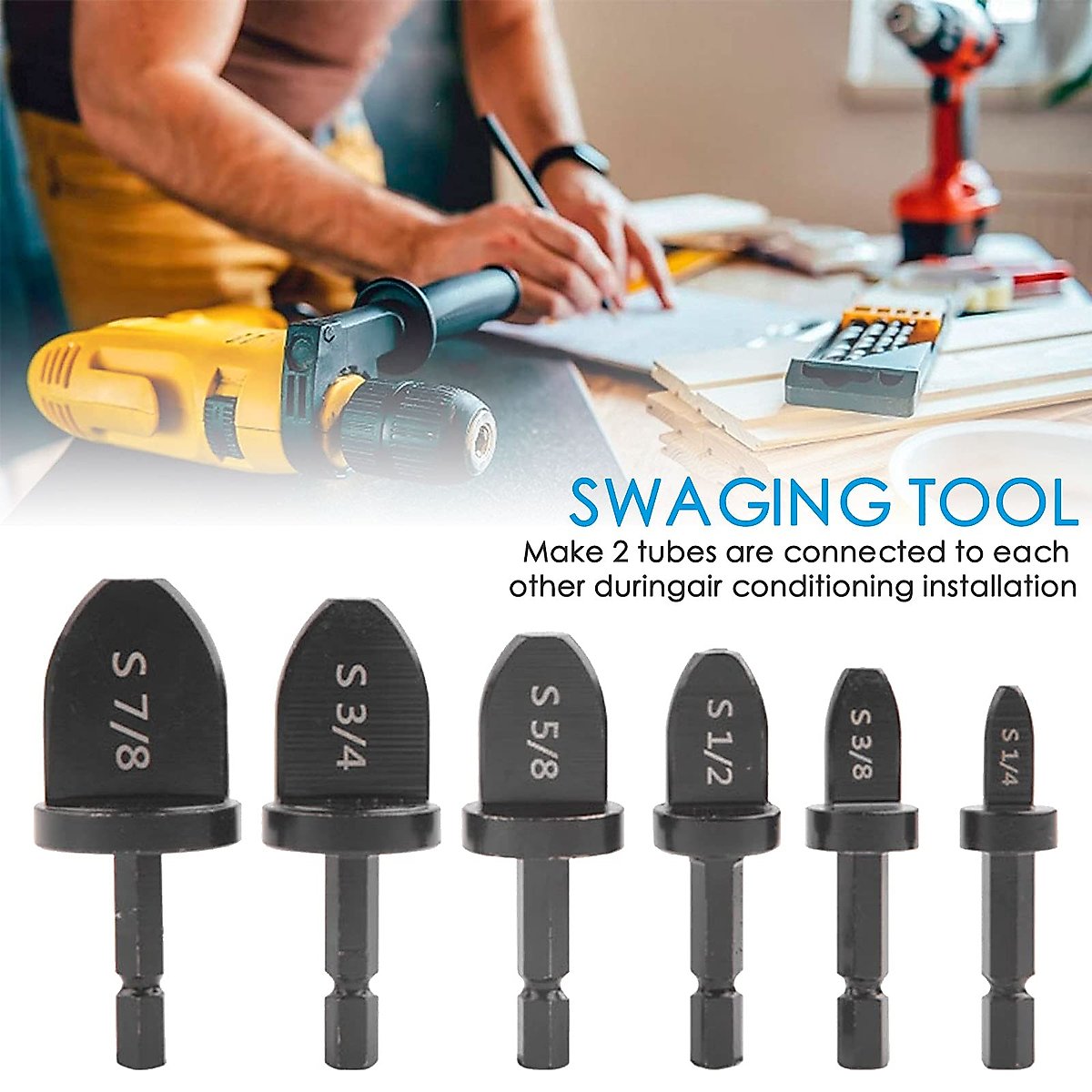 6Pcs Hex Handle Swaging Tool Drill Bit Set, Copper Pipe Flaring Tools, Air Conditioner Tube Expander, Professional Round Handle Tube Swage Repairing Set with 1/4, 3/8, 1/2, 5/8, 3/4 Bits