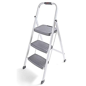 Rubbermaid 3-Step Steel Ladder, Folding Step Stool with Hand Grip and Non-Slip Feet, White, Tested to ANSI US Safety Standards, No Assembly Required (Amazon Exclusive)