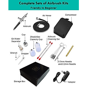 Gocheer Airbrush Kit with Air Compressor, 48 PSI High Pressure Air Brush Non-Clogging with 0.2/0.3/0.5mm Nozzle/Cleaning Sets, Ideal for Painting, Modeling, Cake Decor, Pastry, Makeup, Nail Art Black.