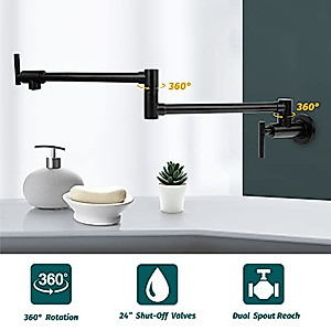 Pot Filler Faucet, Solid Brass Commercial Pot Filler Wall Mount Kitchen Stove Faucet Folding Restaurant Sink Faucet with Joint Swing Arm & Handles (Black)
