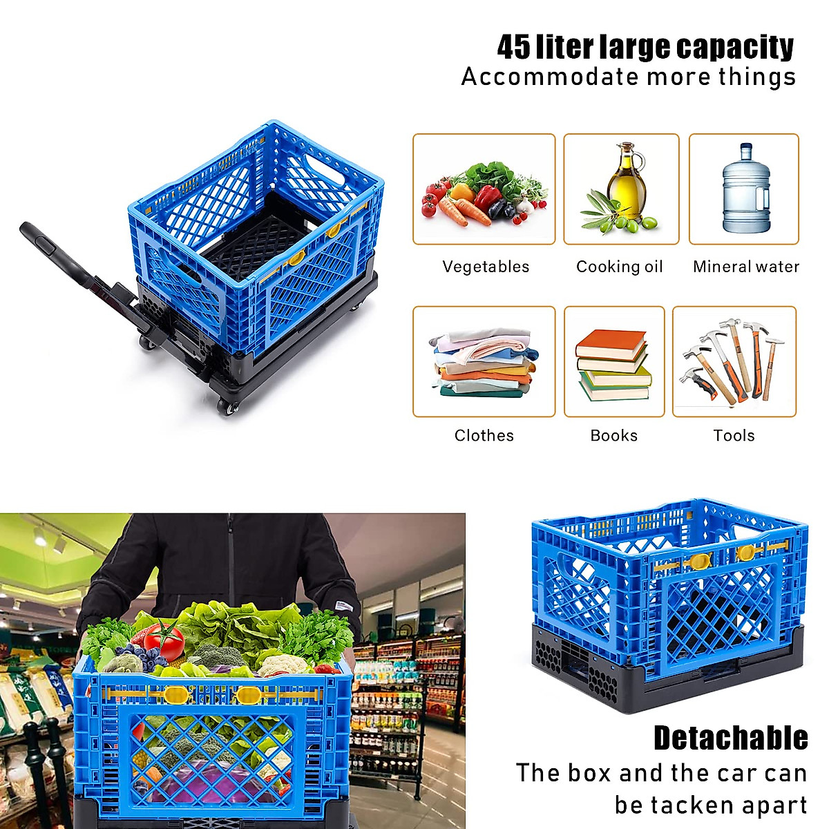 Foldable Shopping Cart Utility Grocery Cart Flat Cart Crate Portable Folding Cart Suitable for Shopping Luggage Grocery Office (Blue)