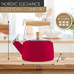 Chantal SVEN Enamel on Steel Whistling Teakettle with Natural Wood handle, 1.4 quarts, Apple Red
