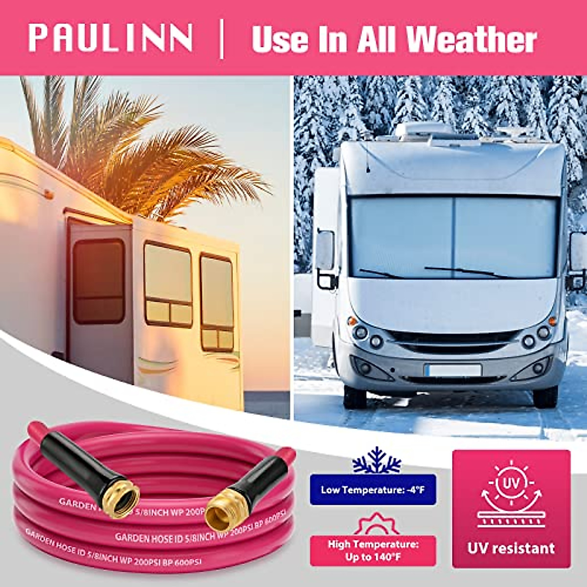 PAULINN RV Camper Garden Water Hose 5/8 in 10 FT | Drinking Fresh Water Hose for Garden RV Camper Boats Water Hose | Food Grade, Phthalate, BPA Free | No Kink and Flexible Garden Water Hose
