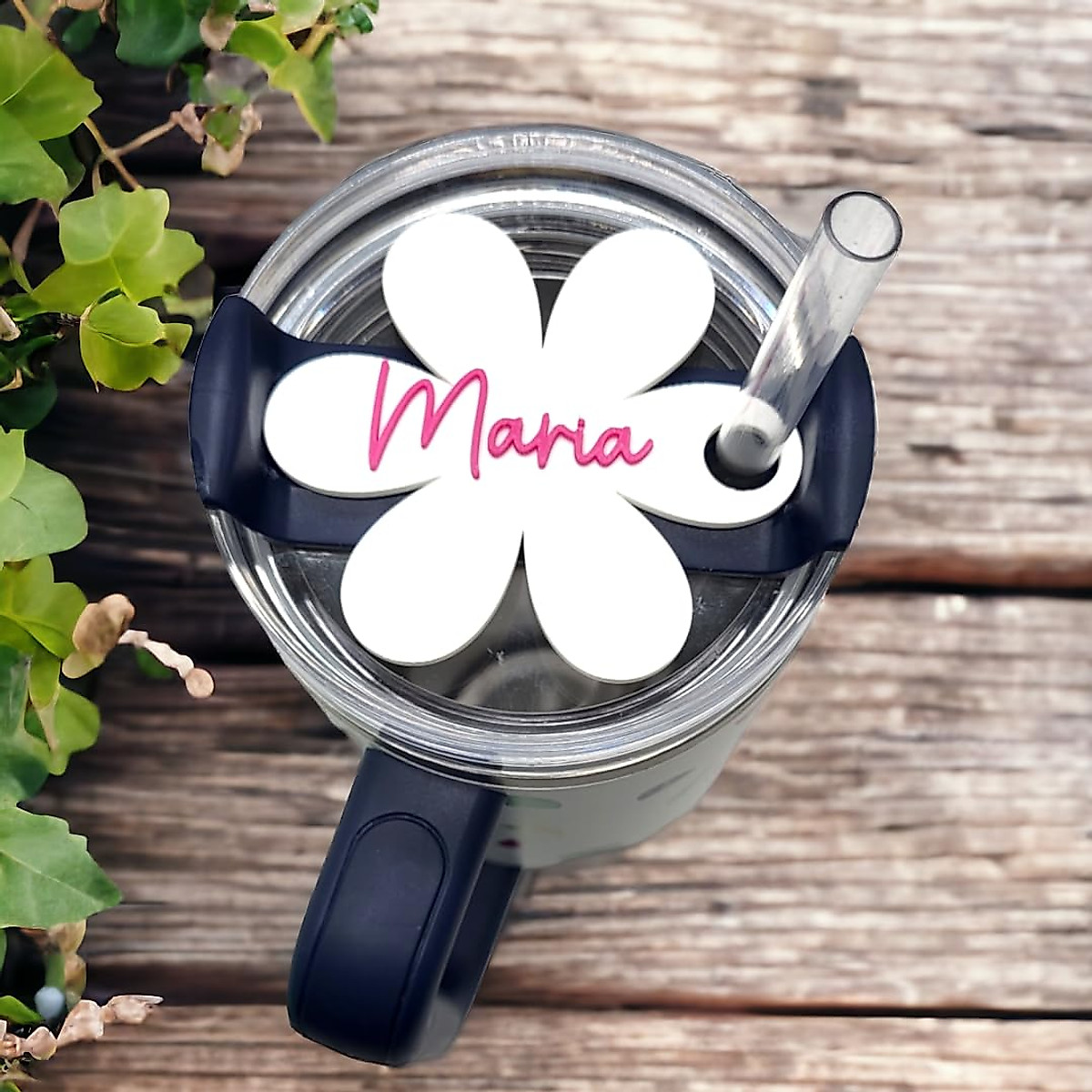 Personalized Flower Tumbler Nameplate for 40 oz / 30 oz Stanley Quencher lid - Raised Lettering -