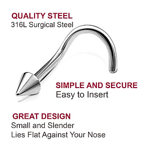 bodyjewellery 3pcs 20g 0.8mm Nose Screw Rings Nostril Stud Surgical Stainless Steel 2mm Cone Spike