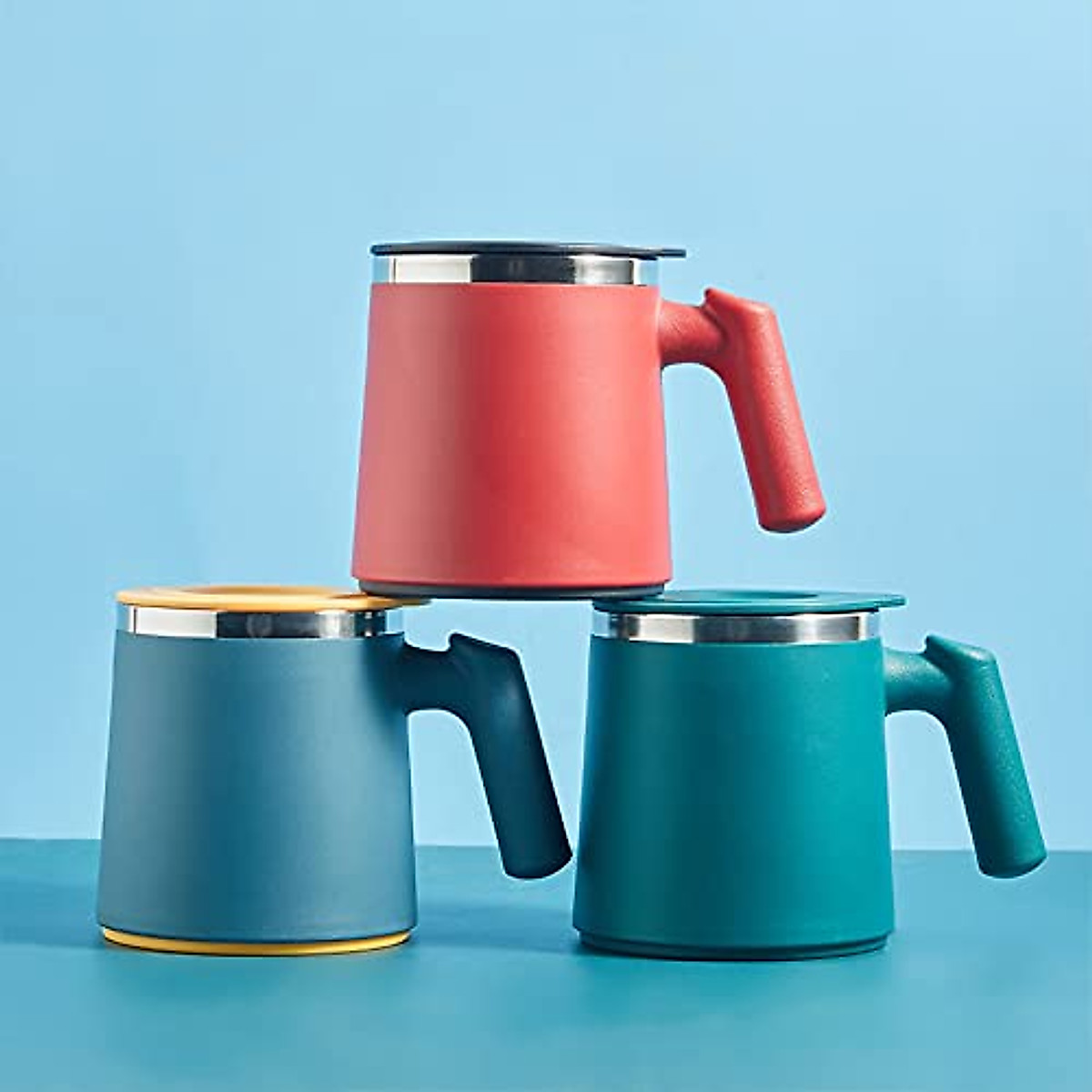 Khanjuan Coffee Mug with Lid and Handle, 14oz Double Layer Anti-scalding and Splash-proof Stainless Steel Coffee Cup, Can be Used for Home,Office,Business Trip and Travel (Blue)