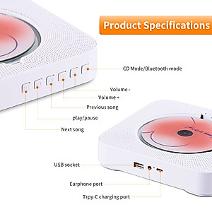 Yintiny Rechargeable Cute CD Player with Blutooth 5.0, Portable Music Player for Home Decor, Remote Control, Support AUX in Cable&USB, HiFi Bluetooth Player