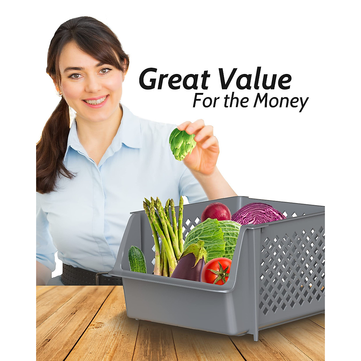 Skywin Stackable Storage Bins for Pantry - 8 Pack Stackable Bins For Organizing Food, Kitchen, and Bathroom Essentials (Grey)