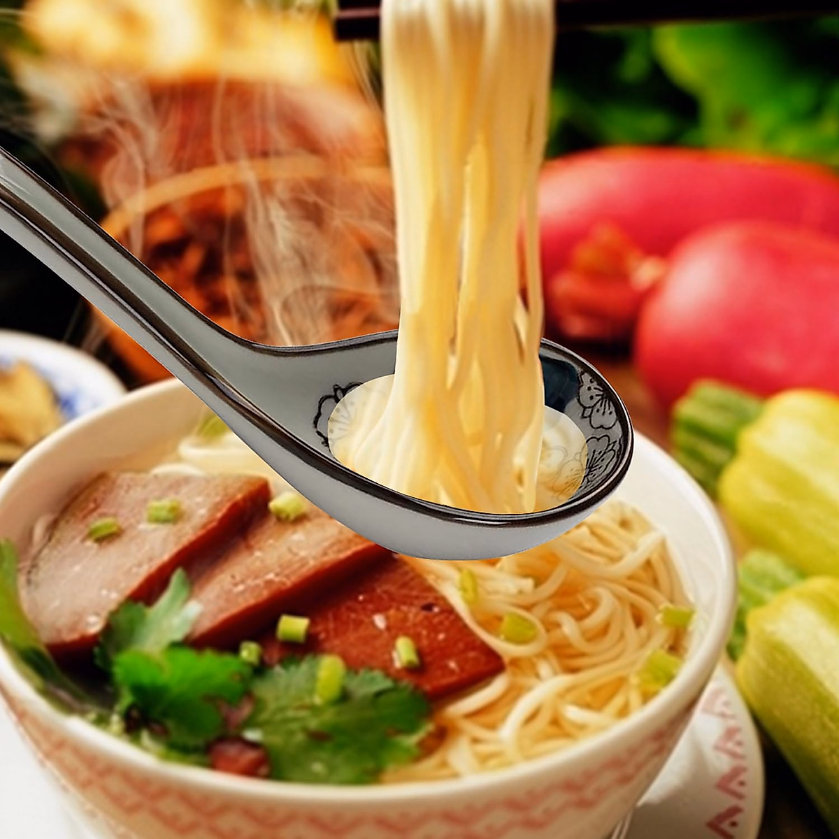 Set of 4 Soup Spoons, Japanese Soup Spoon Chinese Ceramic Ramen Spoons, Asian Soup Spoon Long Handle Perfect Size for Dumpling Pho Noodles Miso Dishwasher Safe (Style C)