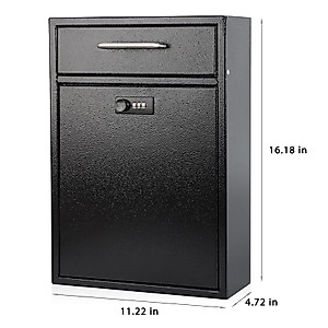 KYODOLED Steel Combination Lock Mail Boxes Outdoor,Locking Wall Mount Mailbox,Security Lock Drop Box,Collection Boxes,16.2H x 11.22L x 4.72W Inches,Black X Large