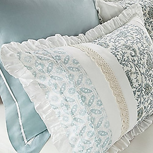 Madison Park Dawn 100% Cotton Duvet Set Floral Shabby Chic Design All Season Comforter Cover Bedding, Matching Shams, Percale Light Weight Bed Comforter Covers, Queen(90"x90"), Blue 9 Piece , Aqua