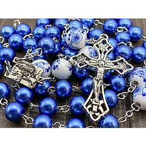 Nazareth Store Blue Pearl Beads Rosary White Flowers Beaded Necklace Lourdes Medal & Cross Crucifix