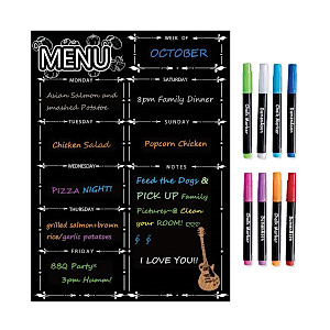 Magnetic Menu Board for Fridge, LiebHome Dry Erase Weekly Menu Planner/Family Calendar 16" x 12" with Grocery List and Notes (Black with 8 Markers)