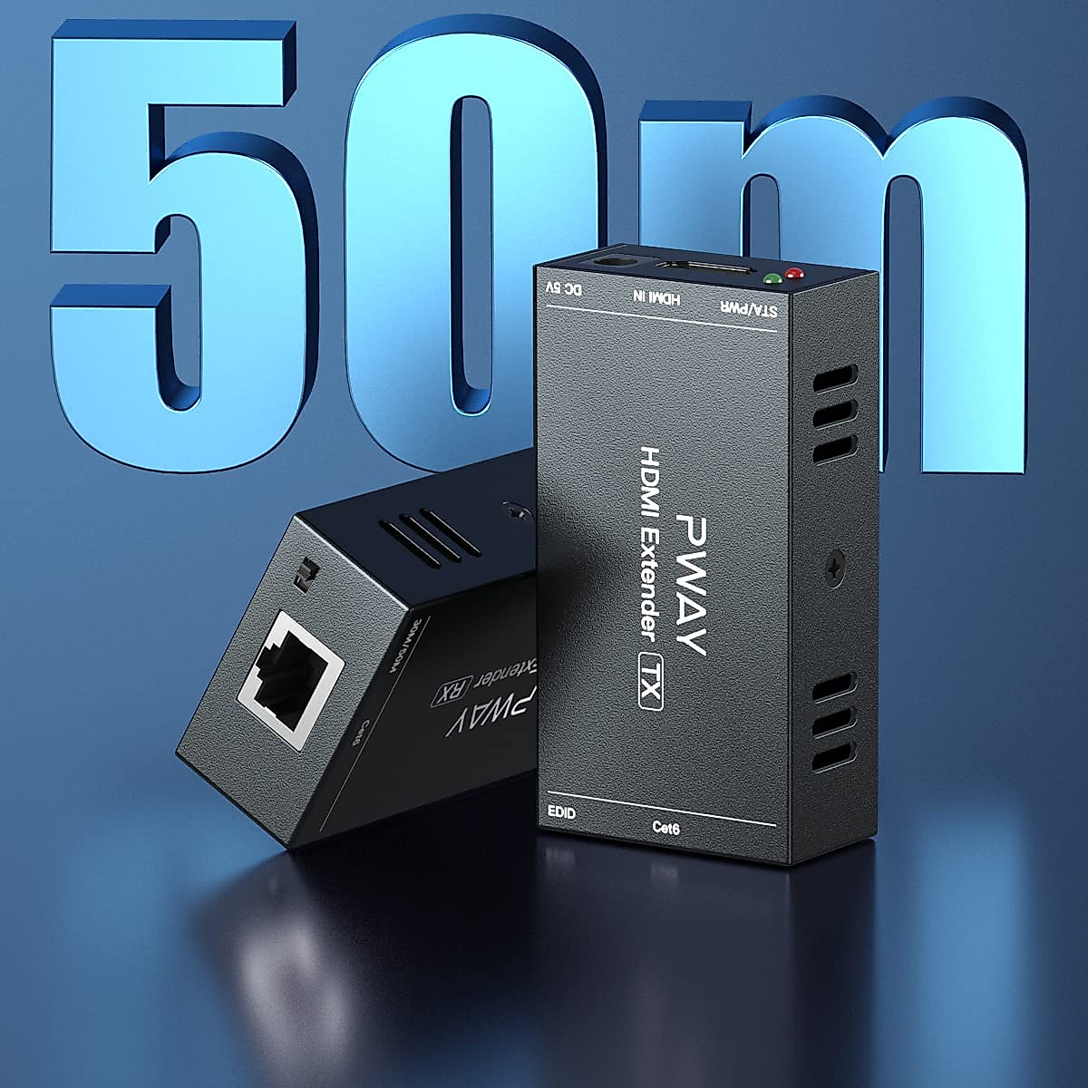 HDMI Extender 165ft Over Single Cat5e/6 Ethernet, Extend 1080P@60Hz Video No Delay, Transmit Audio Video Synchronously, Support 3D, POC, EDID