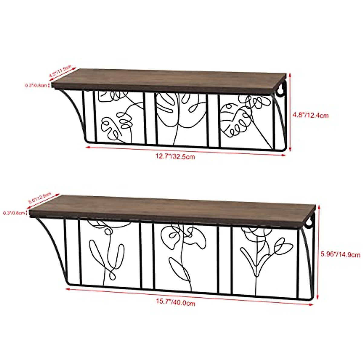 QUTREY Plant Wall Art Floating Shelves Set of 2, Minimalist Metal Abstract Decor Rustic Wooden Shelf for Living Room, Bedroom, Bathroom