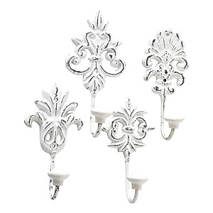 WHW Whole House Worlds Chateaux Fleur De Lis Wall Hooks, Set of 4, Shabby Distressed Finish, French Country Style,Rustic White, Cast Iron, Vintage Inspired, Porcelain Caps, Each 6 3/4