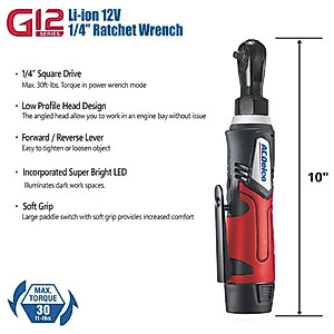 ACDelco ARW1207P G12 Series 12V Cordless Li-ion 1/4” 30 ft-lbs. Torque Ratchet Wrench Tool Kit , Red