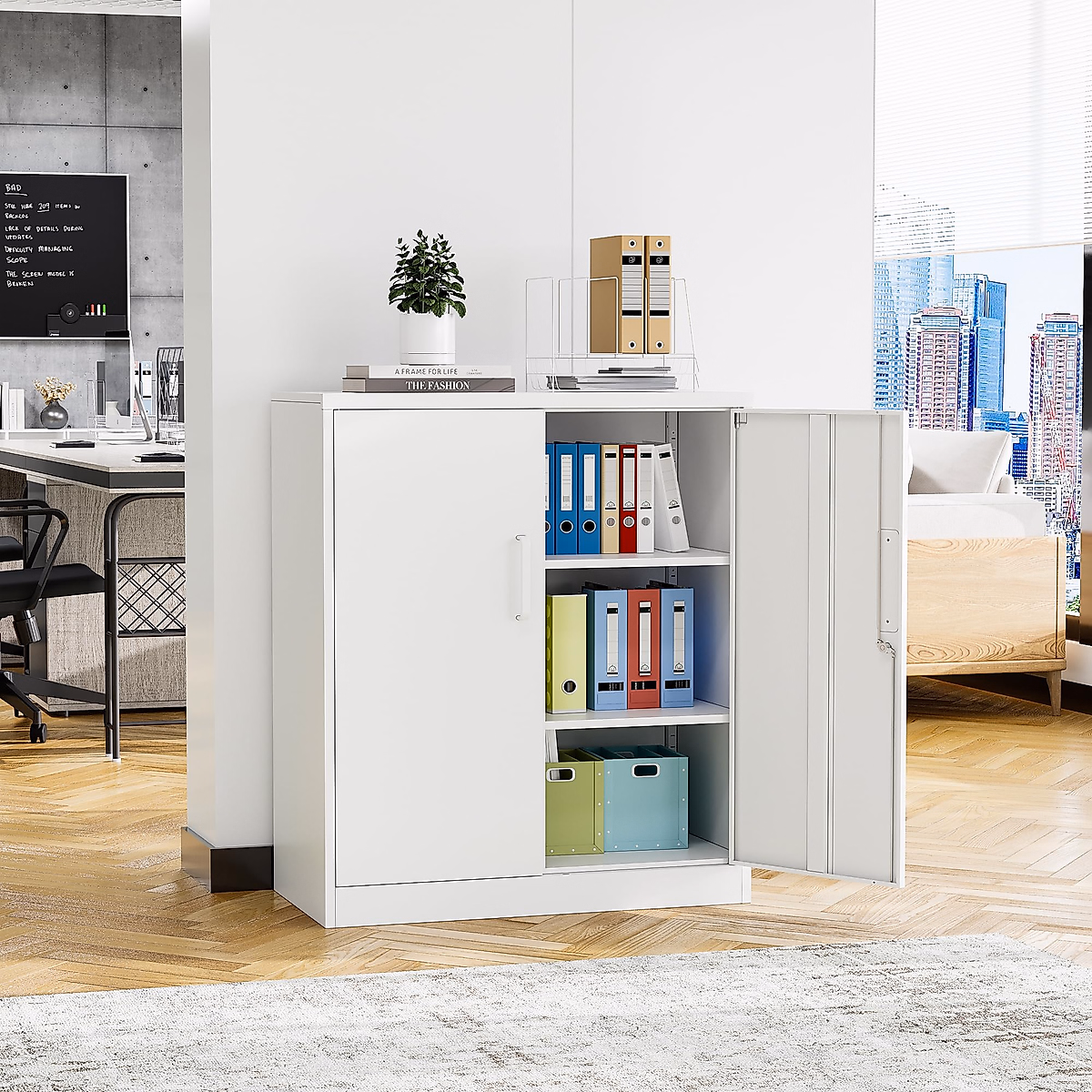 STANI Metal Storage Cabinet, Metal Cabinet with Adjustable Shelf and Drawer, Lockable Lateral Filing Storage Cabinet, Filing Cabinet Lockable Doors for Home Office School, Assemble Required