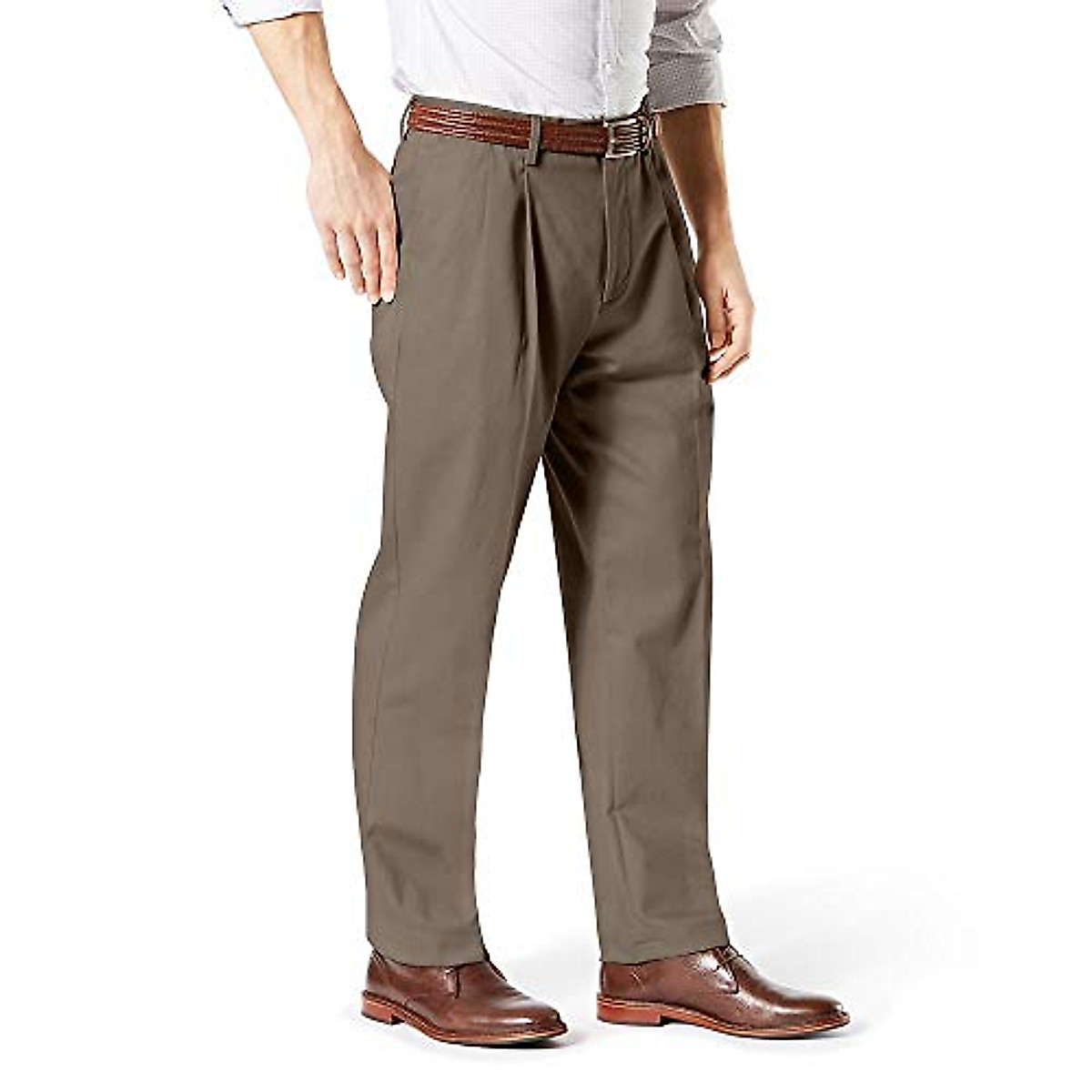 Dockers Men's Classic Fit Signature Khaki Lux Cotton Stretch Pants-Pleated (Regular and Big & Tall), Dark Pebble, 48W x 28L