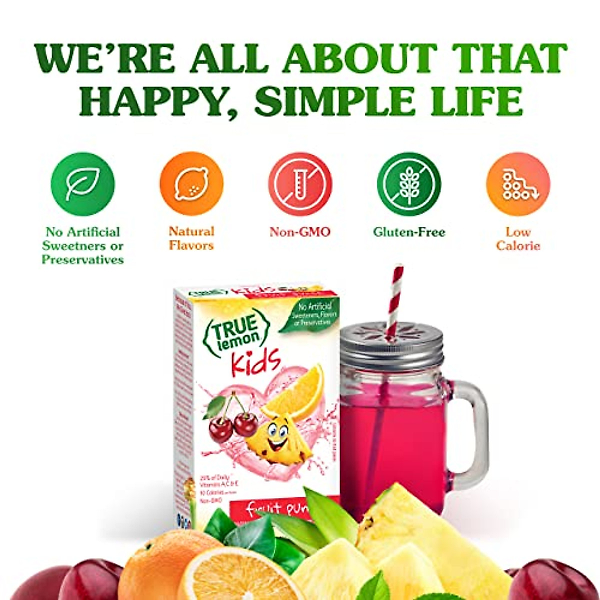TRUE LEMON Fruit Punch Packets - Low Sugar, No Preservatives Kids Hydration Drink Mix