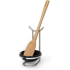 Spectrum Diversified Euro Standing Spoon Rest with Ceramic Dish Upright Utensil Holder for Stovetop & Kitchen Counter Organization, Modern Vertical Design, 1, Satin Nickel/Black