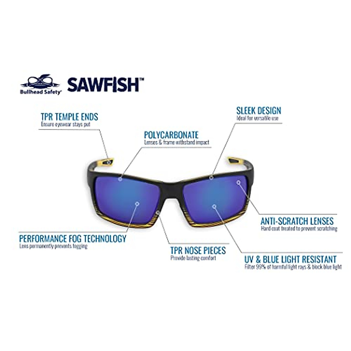 Bullhead Safety Sawfish Polarized Safety Glasses with Performance Fog Technology, Blue Light Glasses with UV Light Protection and Anti-Scratch Coating, Blue Mirror Lenses, Tortoise/Black Frame