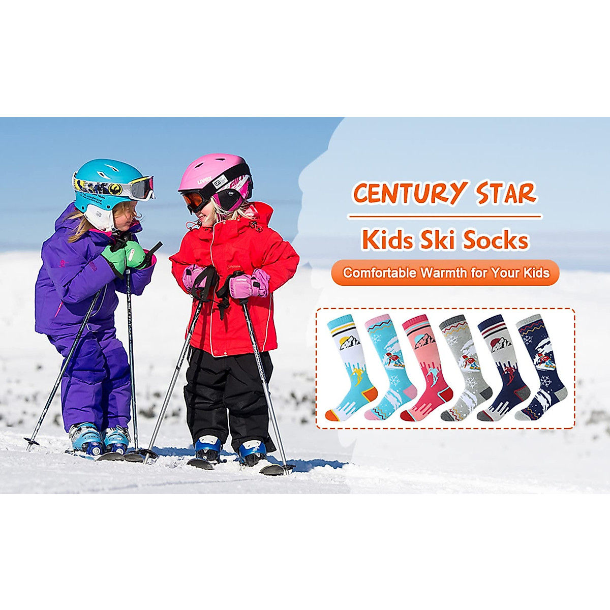 Century Star Kids Ski Socks Winter Warm Knee High Snow Socks for Toddler Boys Girls Soft Wool Socks Skiing Snowboard 2Pcs Blue&Pink 7-12T