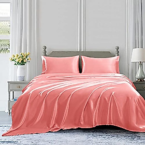 Homiest 3pcs Satin Sheets Set Luxury Silky Satin Bedding Set with Deep Pocket, 1 Fitted Sheet + 1 Flat Sheet + 1 Pillowcase (Twin Size, Rose Pink)