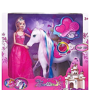 Yellow River Magical LED Light Unicon and 11.5" Princess Doll, Unicorn Gifts for Christmas Birthday for Girls 3+, Fairy Tale Story Unicorn Horse Toys Playset for Kids Ages 3 4 5 6 7 8