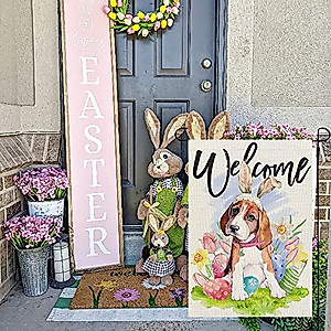 CROWNED BEAUTY Easter Dog Garden Flag Beagle Bunny Ears 12X18 Inch Small Double Sided for Outside Floral Eggs Burlap Yard Holiday Decoration CF762-12