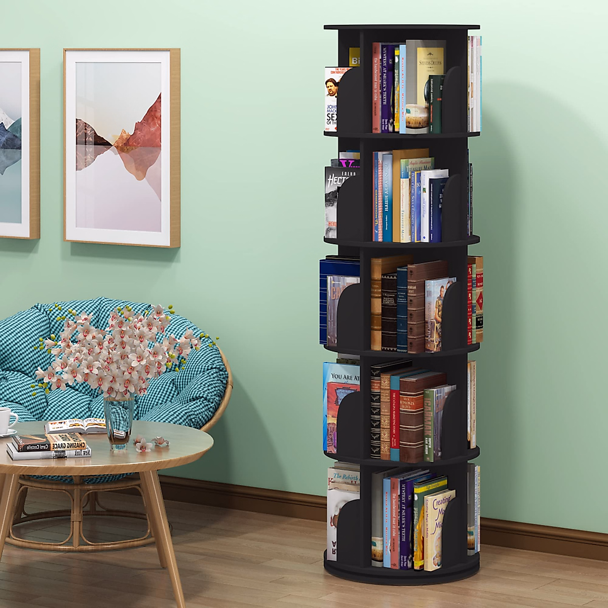 INTEXCA & DESIGN 5 Tier 360° Rotating Stackable Shelves Bookshelf Organizer (Black), White, RotatingBookshelf_5Tier_White