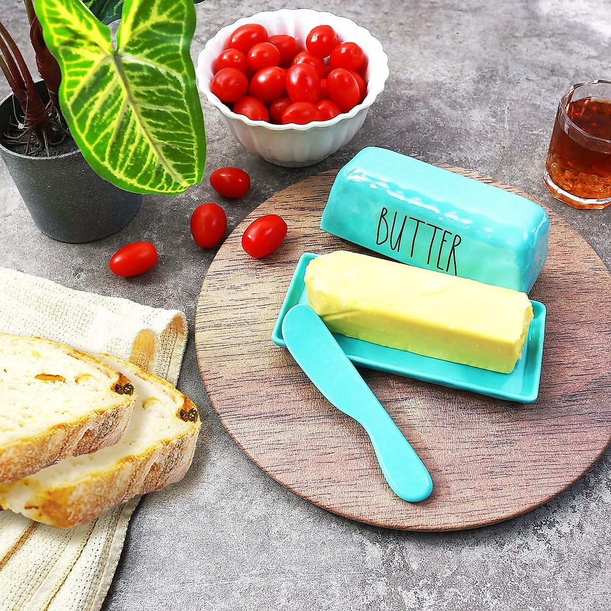 TP Butter Dish with Lid and Knife Polished Design Melamine Butter Keeper, Butter Holder with Cover, Butter Container Holds a Standard Stick of Butter, Dishwasher Safe (Teal)