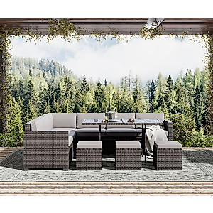 LHBcraft 7 Piece Patio Furniture Set, Outdoor Furniture Patio Sectional Sofa, All Weather PE Rattan Outdoor Sectional with Grey Cushions and Table, Grey Wicker (Grey)