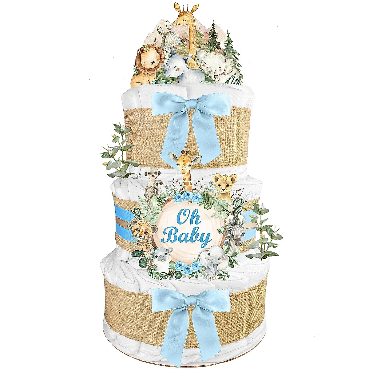 Sunshine Gift Baskets Safari Diaper Cake - Boy Gift - Burlap & Blue - 42 Pampers Swaddlers Size 1 (8-14lbs.) - Large 3-Tier 10in. x 10in. x 16in. Tall