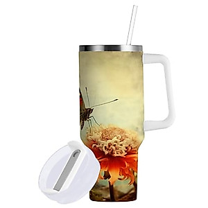 Jihqo Old Grungy Butterfly 40 oz Stainless Steel Vacuum Insulated Tumbler with Handle and Straw Lid, Leakproof Water Bottle Double Wall Travel Mug Coffee Cup, Cupholder Friendly