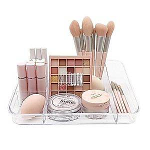 SUNFICON Makeup Tray Organizer Cosmetic Display Case Office Stationery Storage Holder Countertop Storage Unit Makeup Box for Bathroom Drawers,Vanities Office Desk,Washable Crystal Clear Acrylic