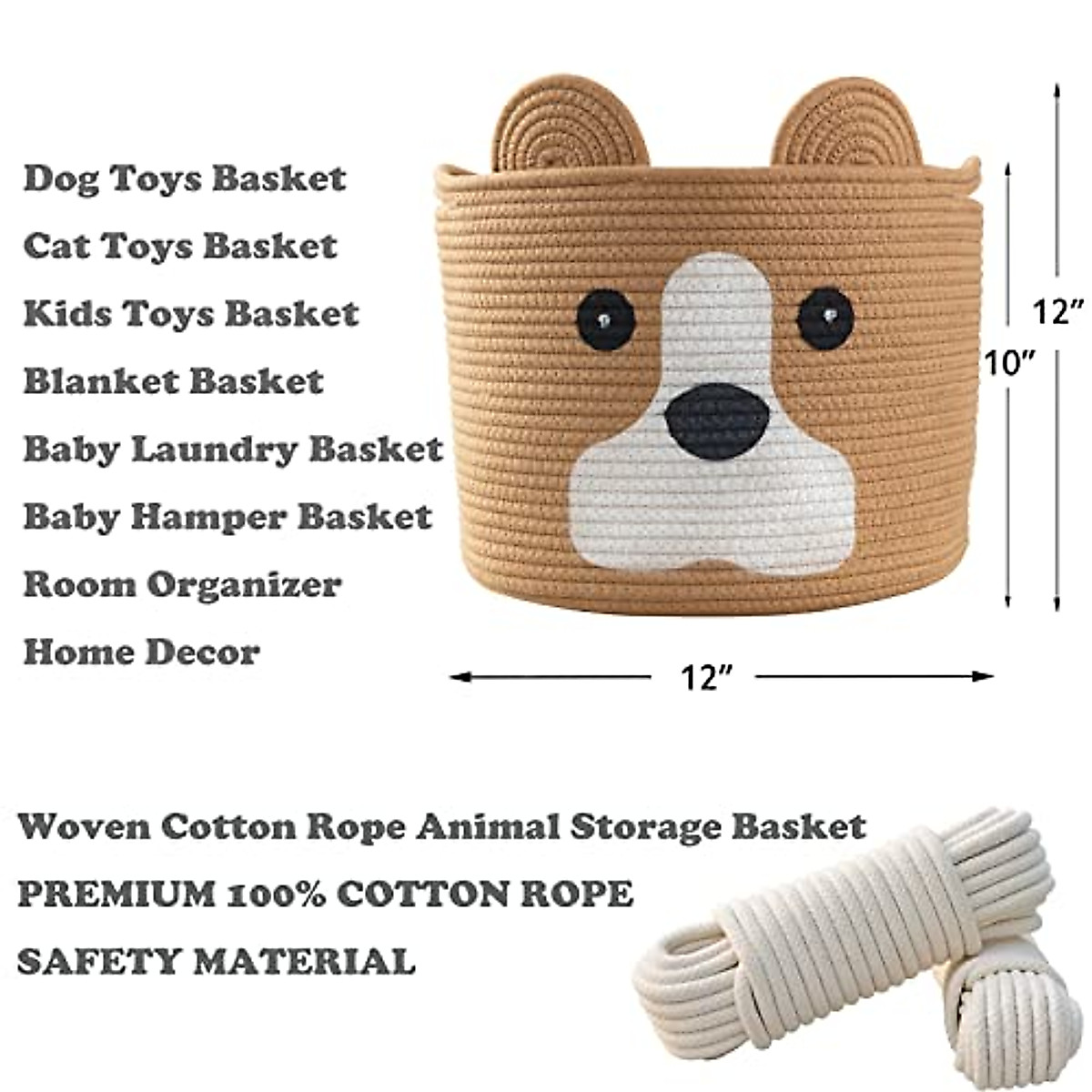 Ushang Pet Dog Toy Storage Basket, Woven Cotton Rope Animal Storage Basket Bin for Kids, Baby Toys Basket, Dog Gifts for Dog Lovers - 12" L X 10" H, Khaki