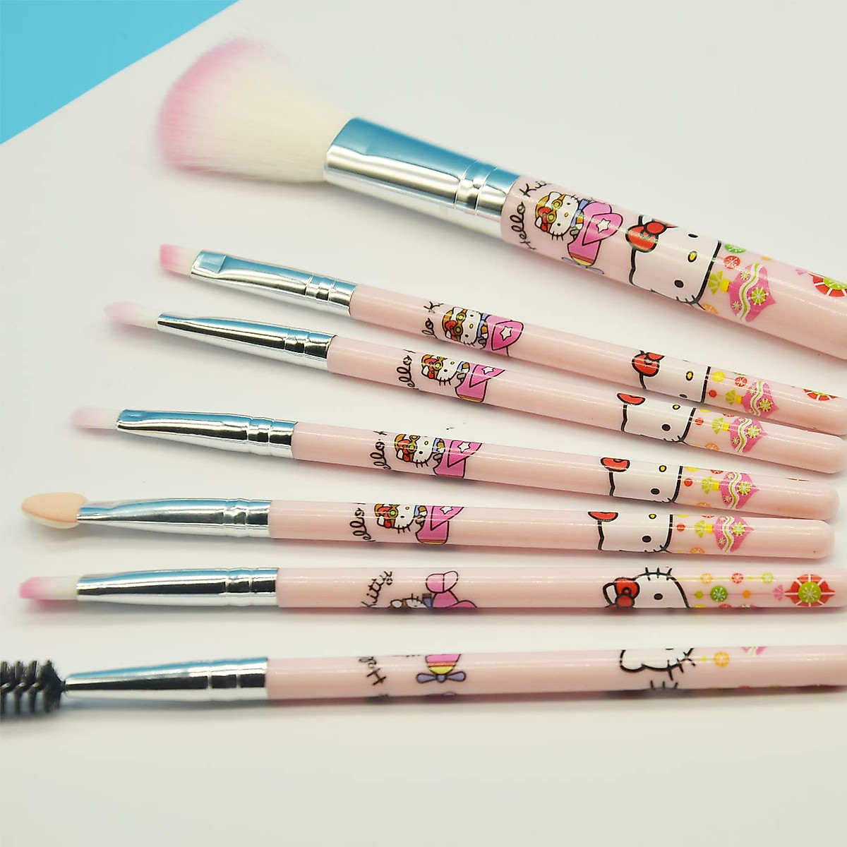 7 PCS Kitty Makeup Brush with Kitty Cat Mirror-Cosmetic Makeup Brush Set Tool Kit Set Brush Set Best Gift for Young Girl Women