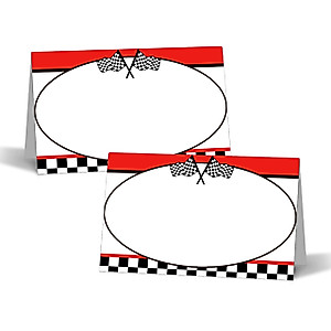 Racing Car Table Place Cards - 25PCS Tent Cards - 2.1” x 3.5“ Two Fast Food Lables - Name Place Cards for Table Setting - Name Cards for Birthday Party Baby Shower - Scored for Easy Folding -17