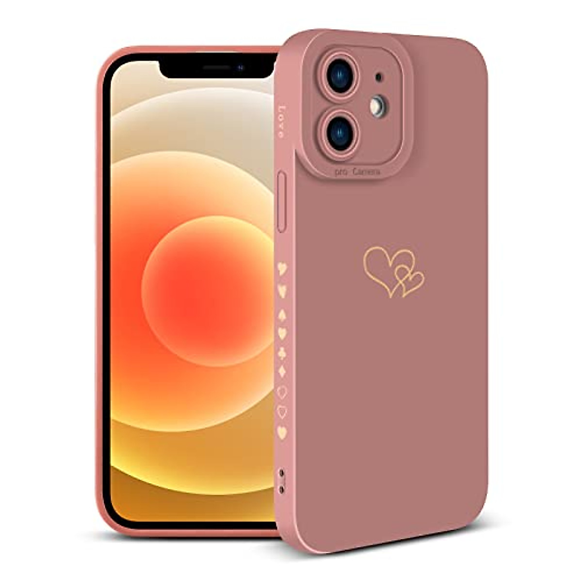 Gukalong Compatible iPhone 12 Case with Heart Design Heavy Duty Shockproof Protection Silicone Cover Anti-Scratch Non-Slip Wireless Charging Soft Case for iPhone 12 - Pink